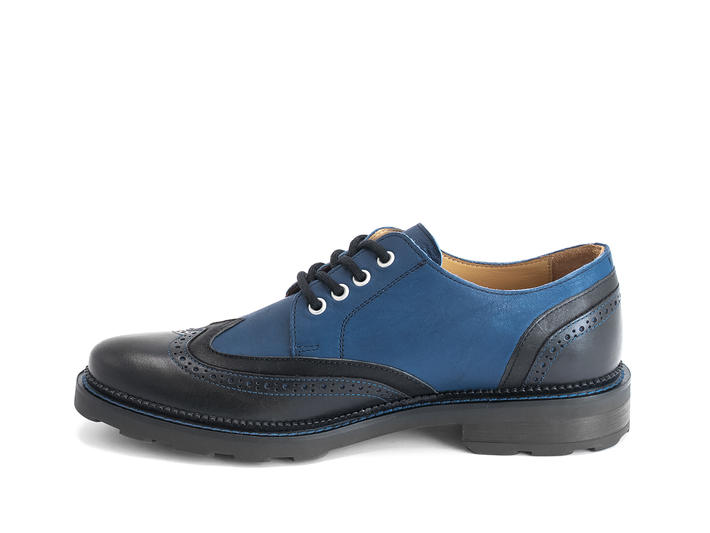 Nathaniel - Black/Blue | Double wing-tip derby | Fluevog Shoes