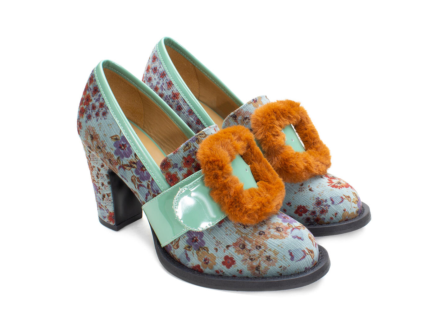 Lyn - Green Floral | Loafer heels with faux fur buckle | Fluevog Shoes