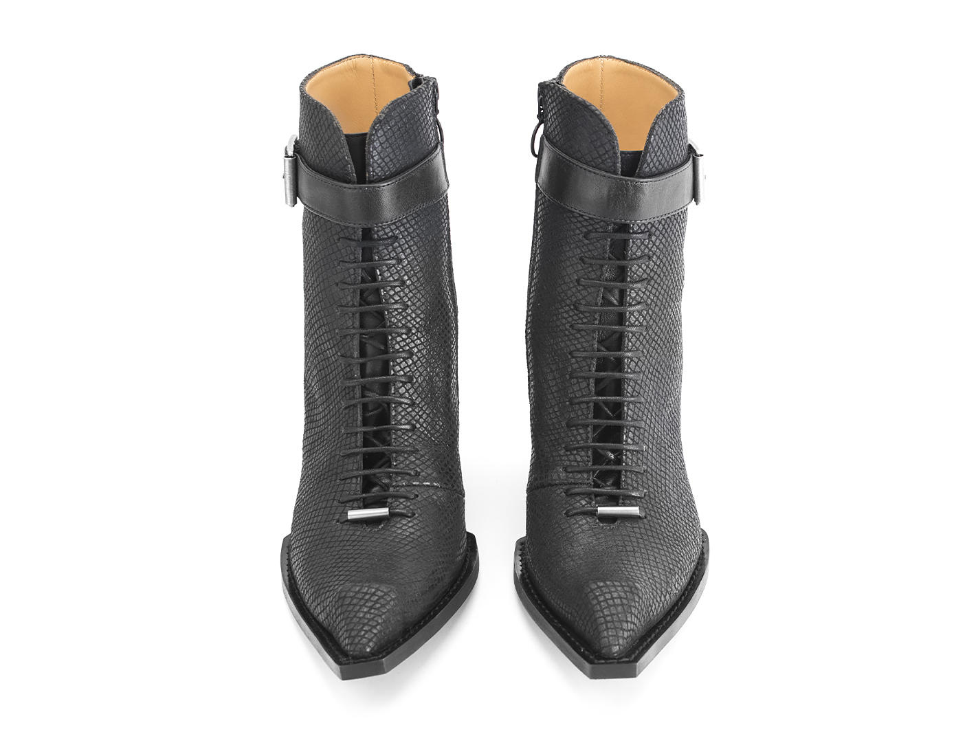 Cubist Cupcake - Black Reptile | Lace-up ankle boot with buckle ...