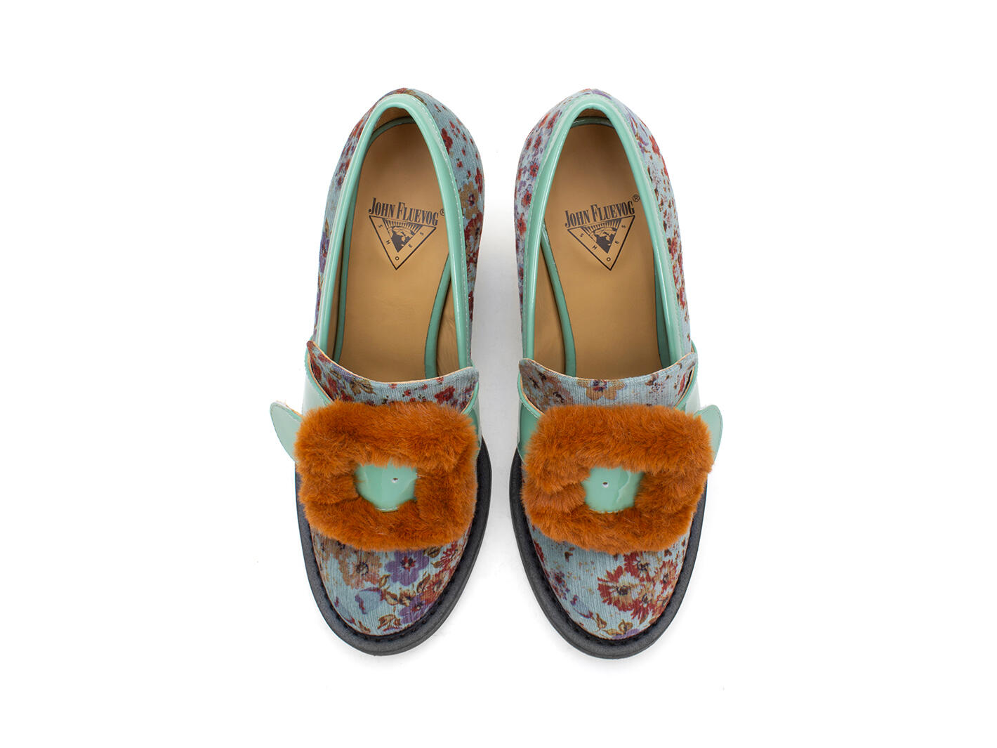 Lyn - Green Floral | Loafer Heels with a Faux Fur Buckle | Fluevog Shoes